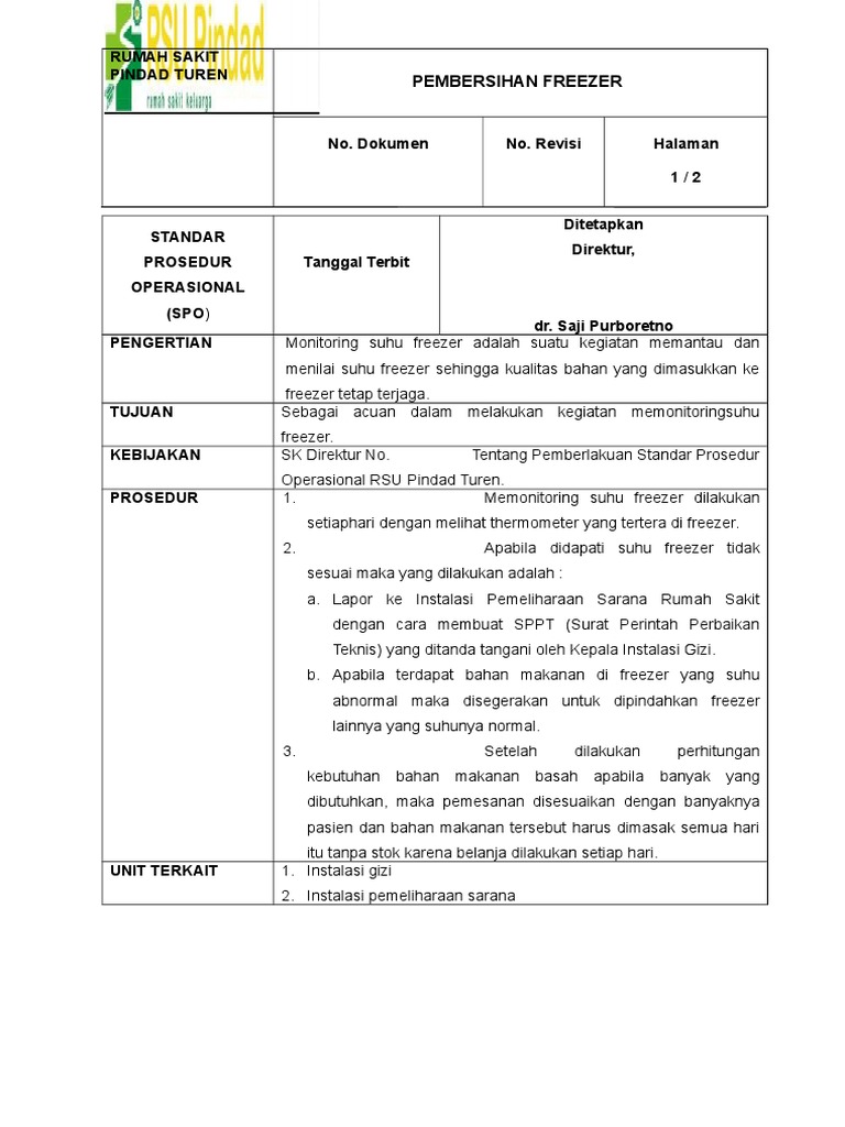 SOP Pembersihan Freezer | PDF