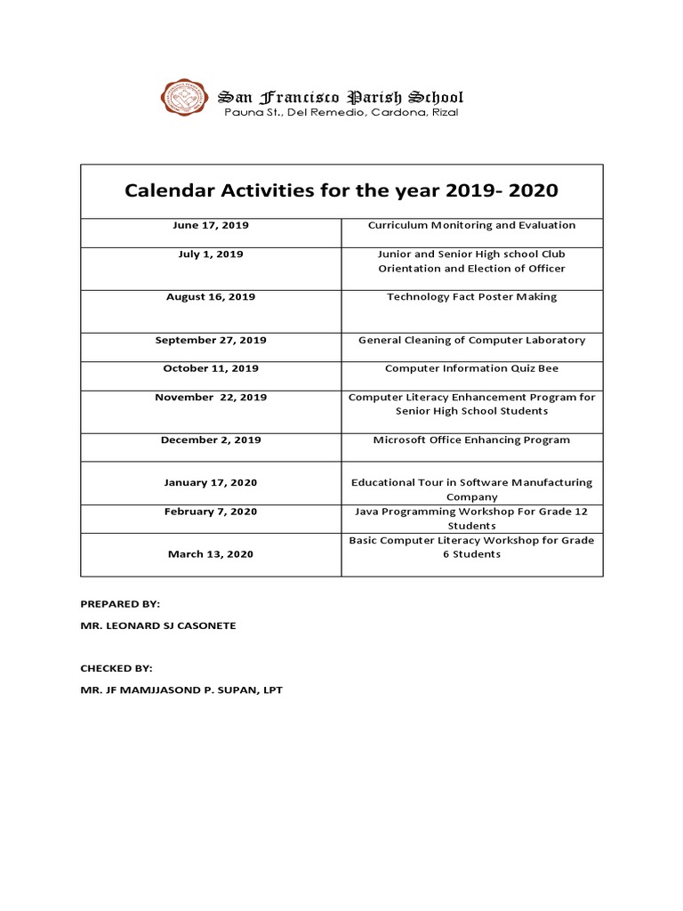 Calendar Activities 2019 2020 Computer | PDF | Social Science