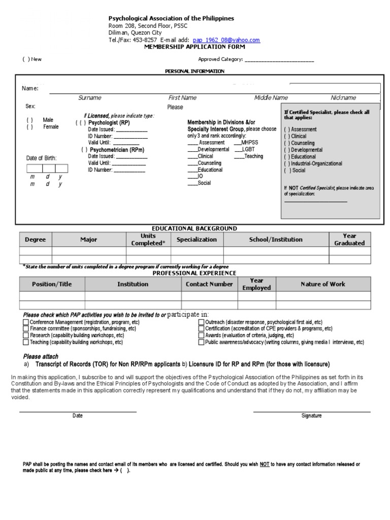 PAP - Membership - Application - Form Updated | PDF | Psychologist ...