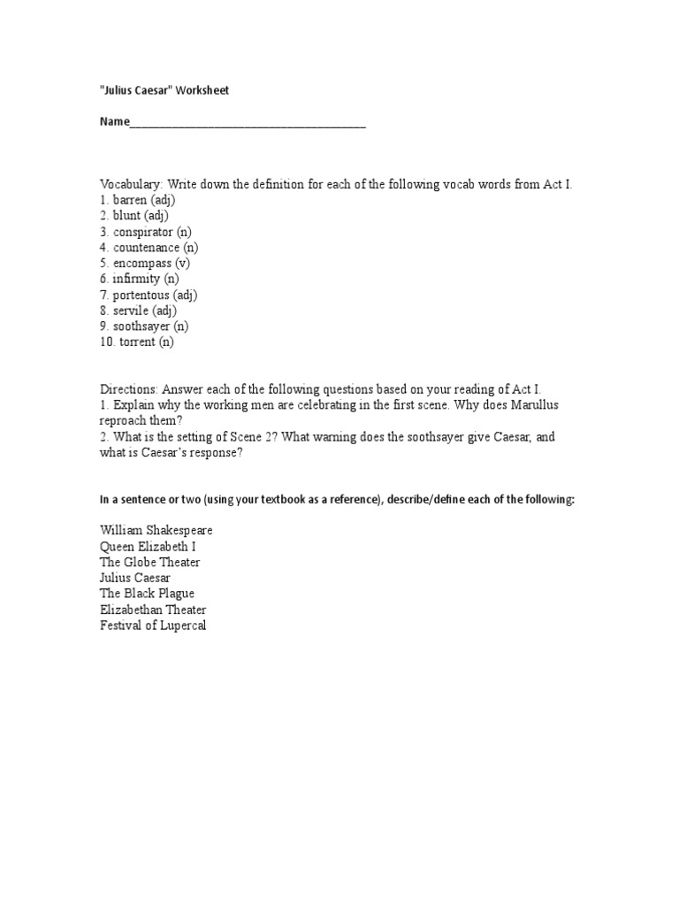 "Julius Caesar Act I Vocabulary & Questions" | PDF | History