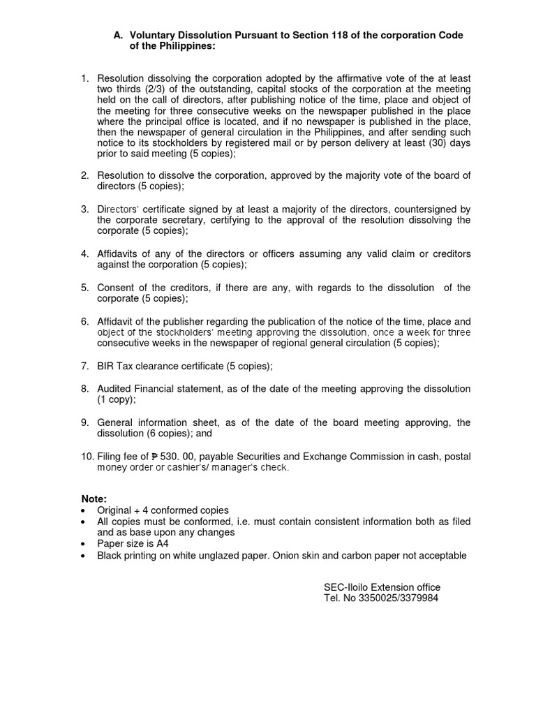 A. Voluntary Dissolution Pursuant To Section 118 of The Corporation ...