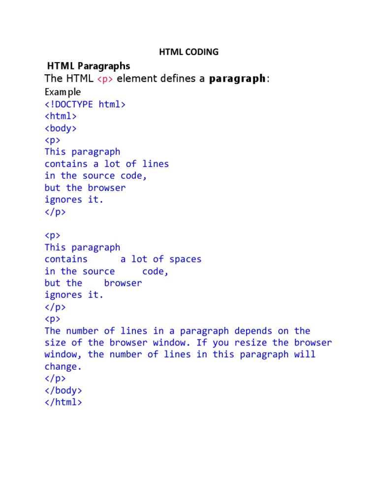 The HTML Element Defines A Paragraph: Example: HTML Coding HTML ...