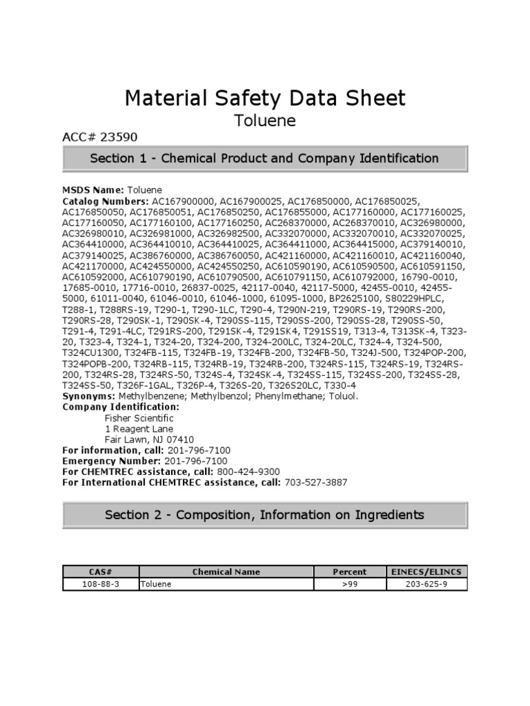 Toluene MSDS | PDF | Dangerous Goods | Water