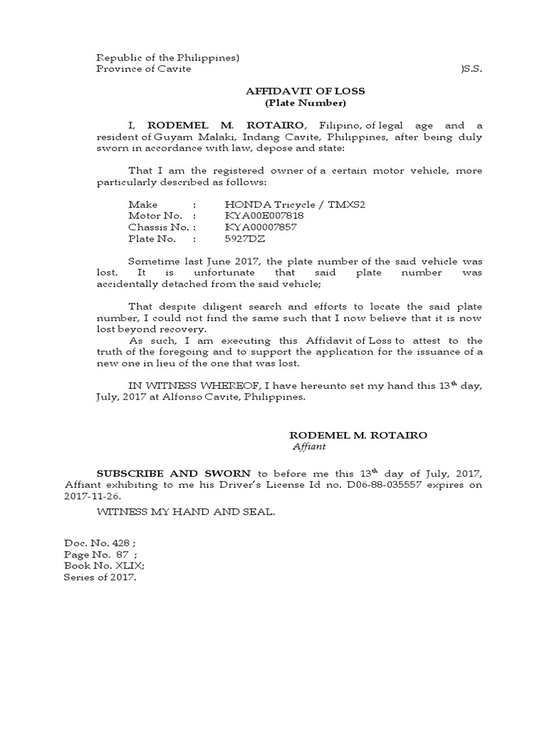 Affidavit of Loss (PLATE NUMBER) | PDF