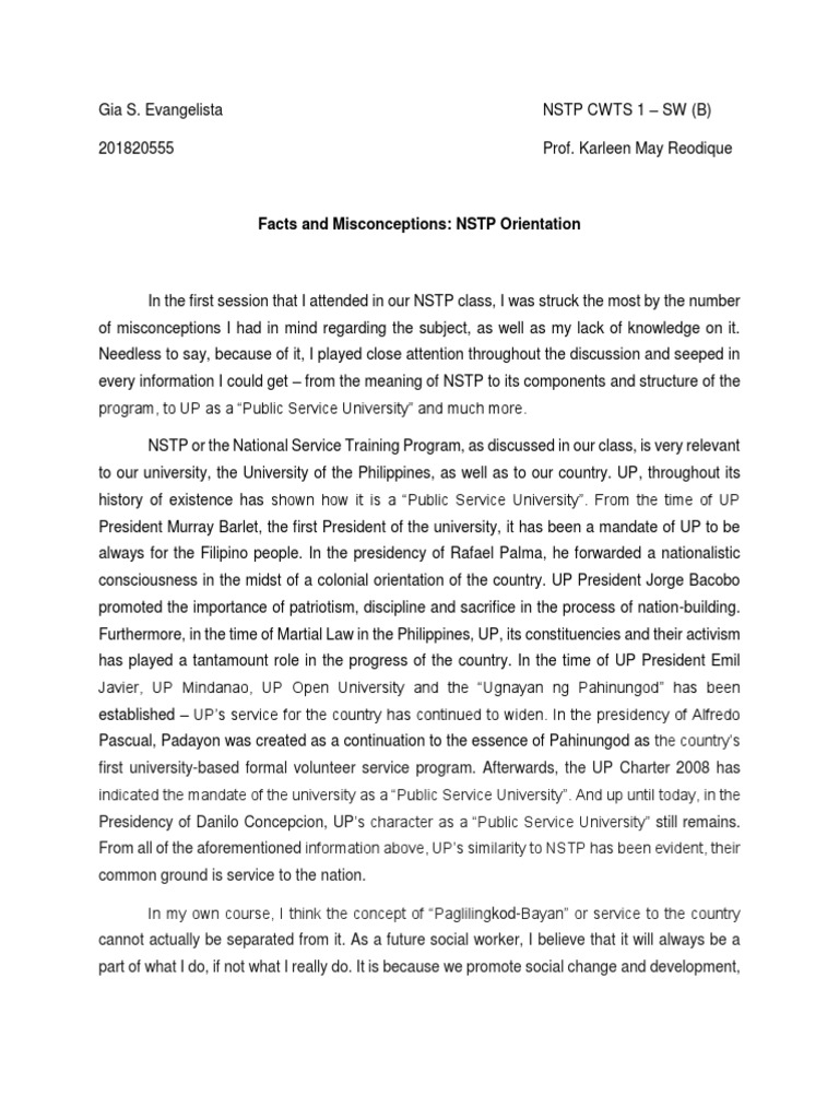 NSTP Orientation Facts and Misconceptions | PDF | Psychological ...