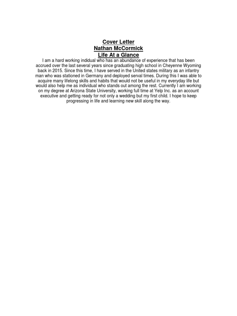 Cover Letter Nathan Mccormick Life at A Glance | PDF