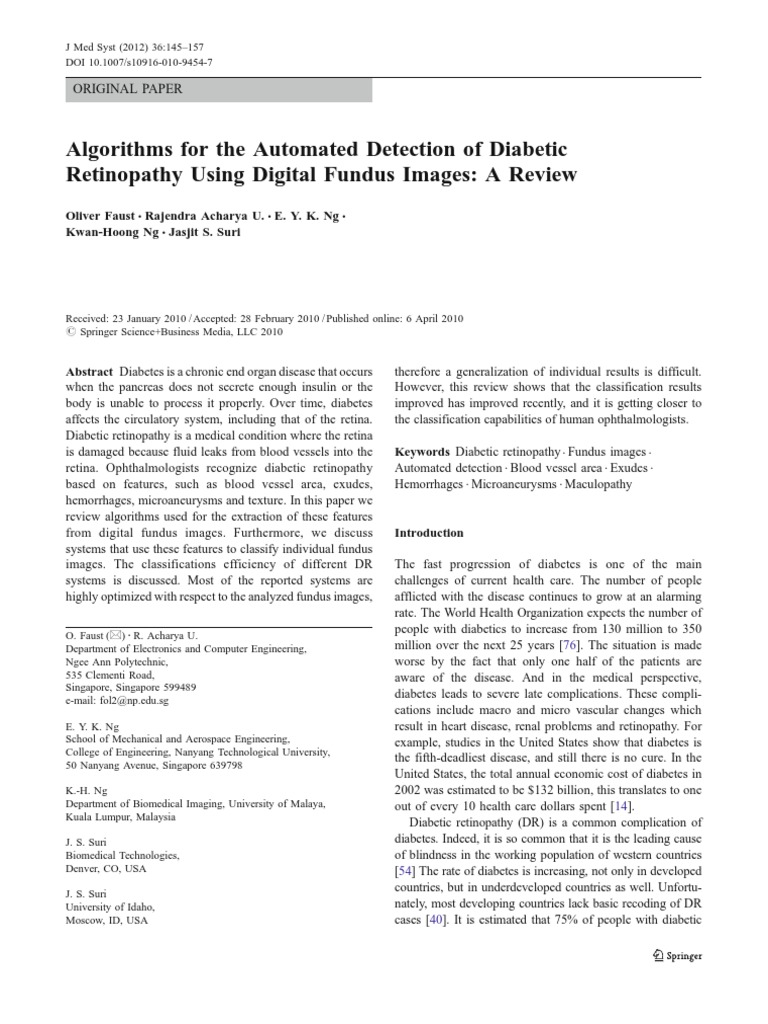 10 Springer Algorithms For The Automated Detection of Diabetic Retinopathy Using Digital Fundus ...