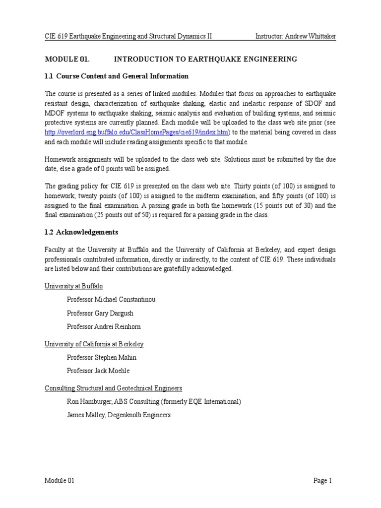 Introduction To Earthquake Engineering Course Content and General Information | PDF | Earthquake ...