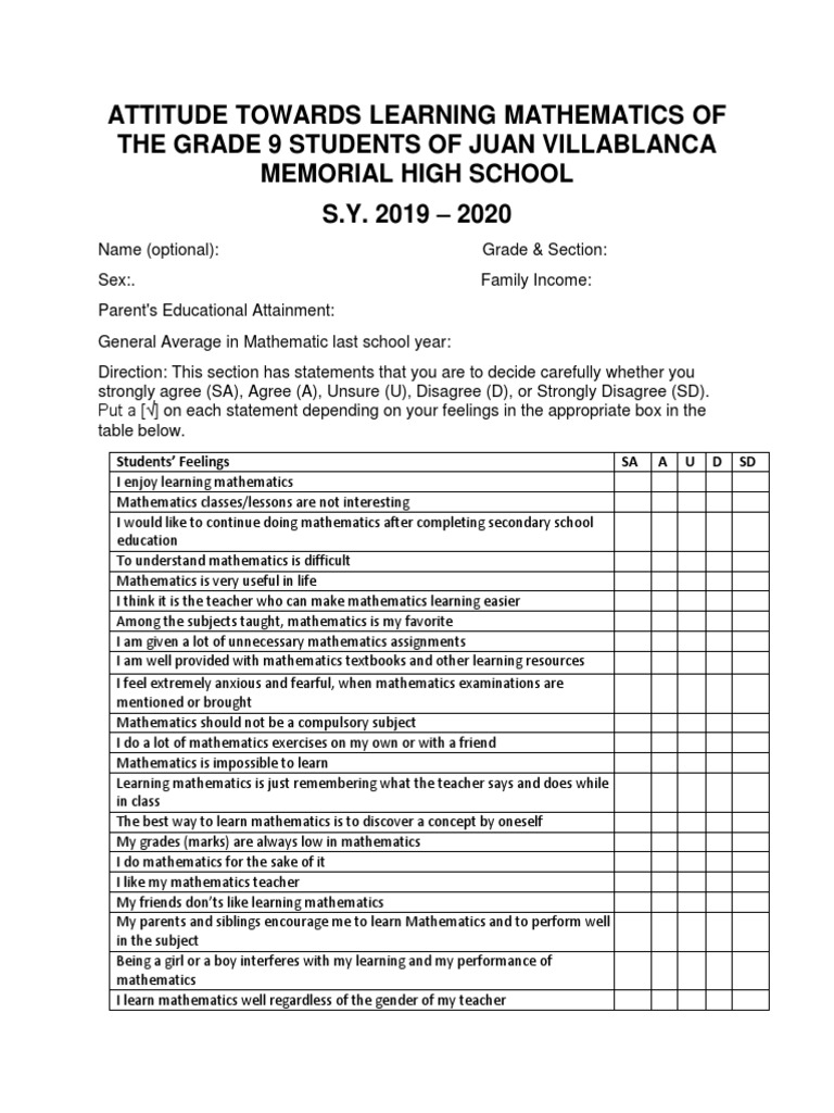 Attitude Towards Learning Mathematics of The Grade 9 Students of Juan ...