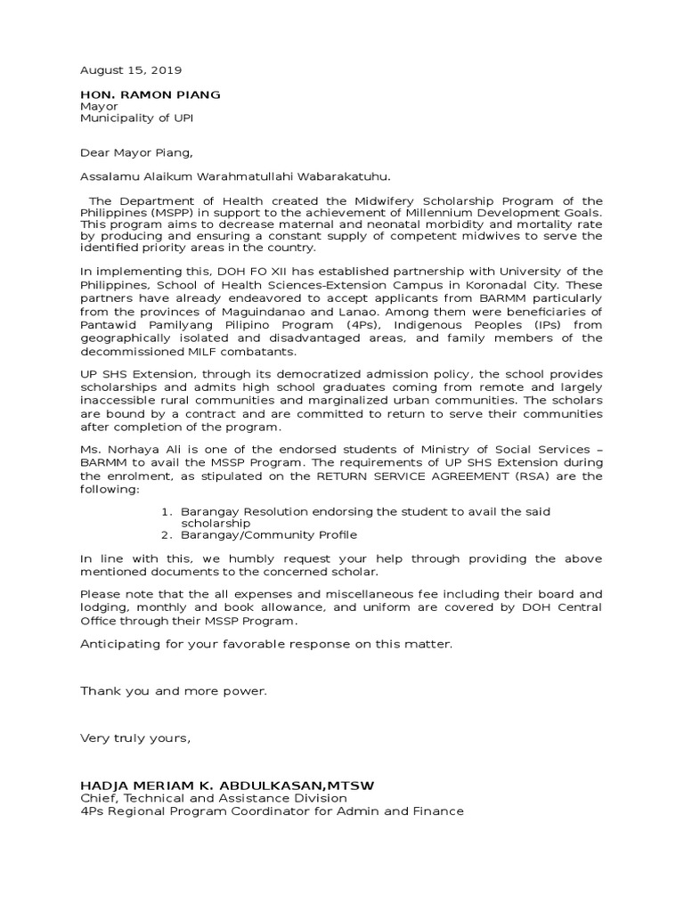 Hon. Ramon Piang: Anticipating For Your Favorable Response On This ...