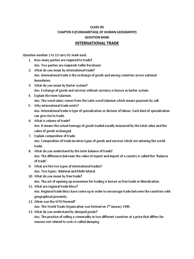 International Trade: Class-Xii Chapter-9 (Fundametaql of Human ...