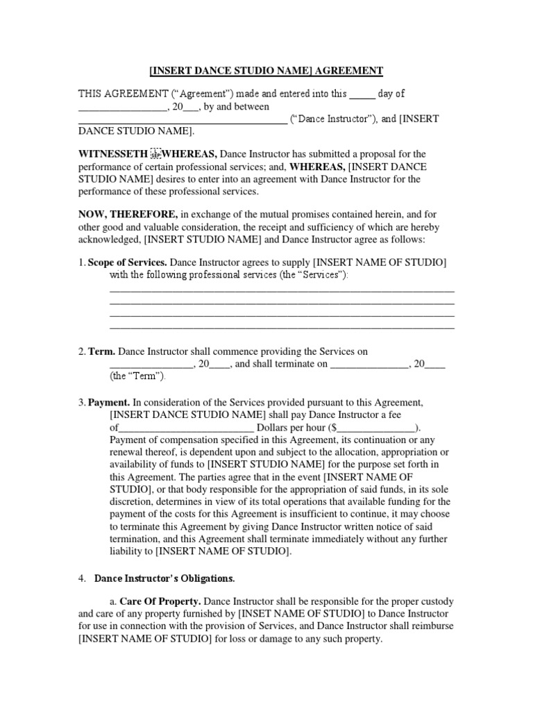 Dance Studio Contract Sample | PDF | Indemnity | Business Law
