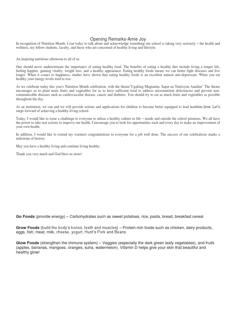 Nurturing Healthy Habits: An Inspiring Speech on Nutrition Month | PDF ...