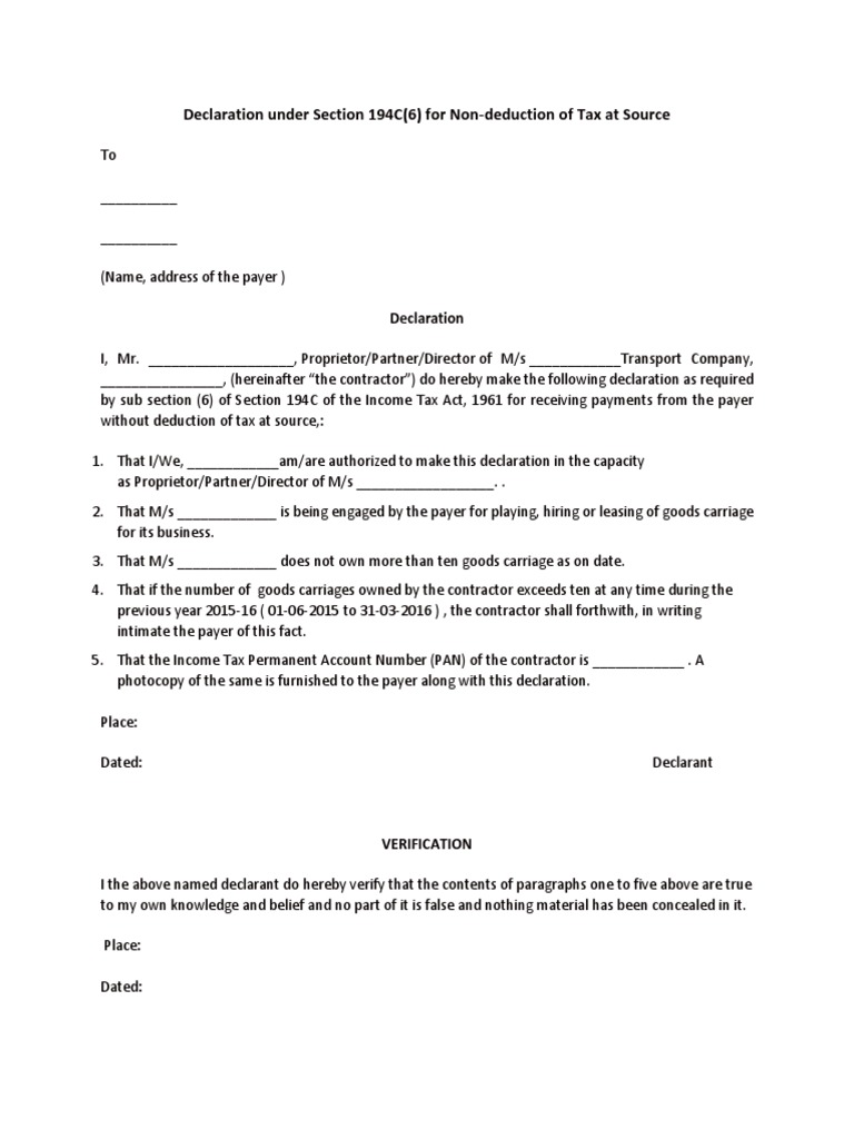 Declaration Under Section 194C (6) For Non-Deduction of Tax at Source | PDF