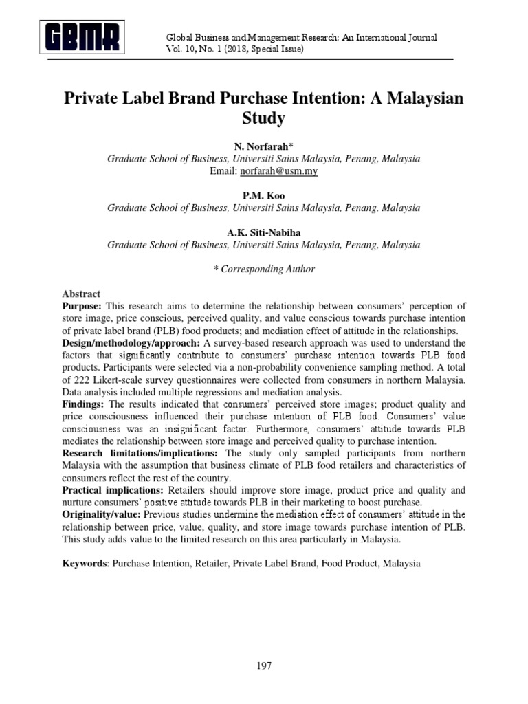 Factors Influencing Malaysian Consumers' Purchase Intention Towards Private Label Brand Food ...