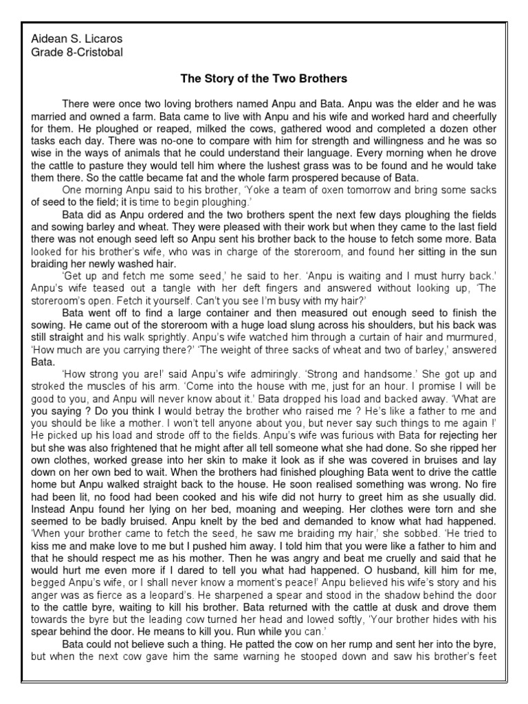 The Story of The Two Brothers: Aidean S. Licaros Grade 8-Cristobal ...