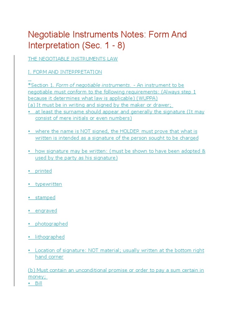 Negotiable Instruments Notes | PDF | Promissory Note | Negotiable ...