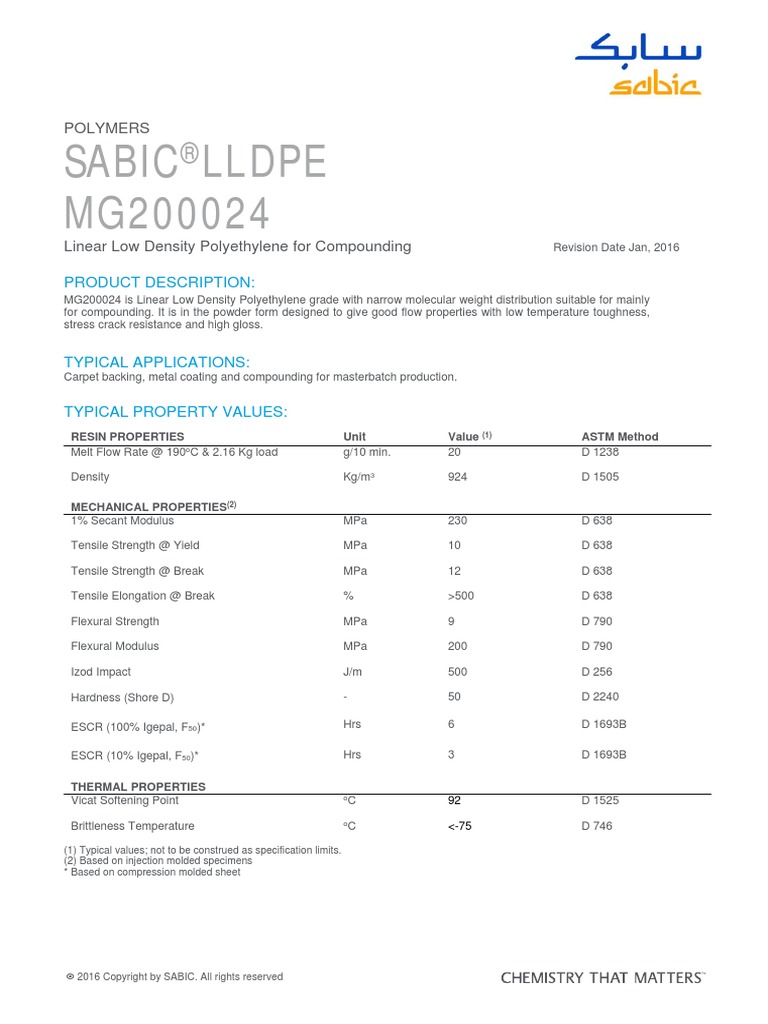 Sabic Lldpe MG200024: Polymers | PDF | Polyethylene | Applied And ...