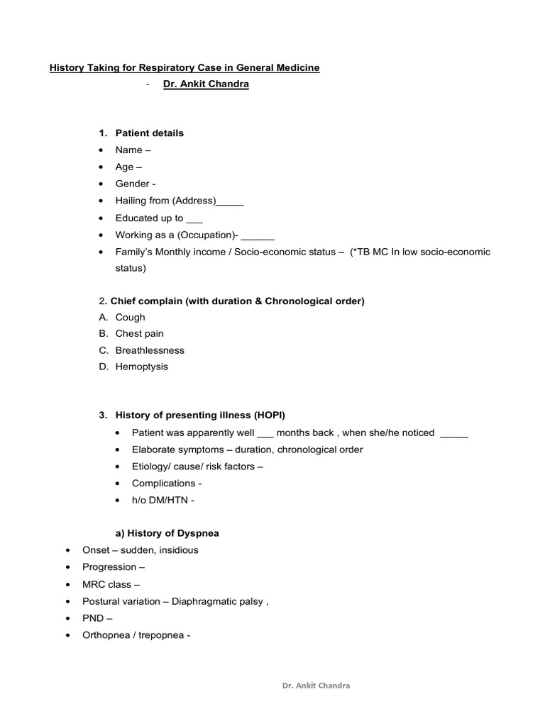 Respiratory History Taking Guide for General Medicine | PDF | Cough ...