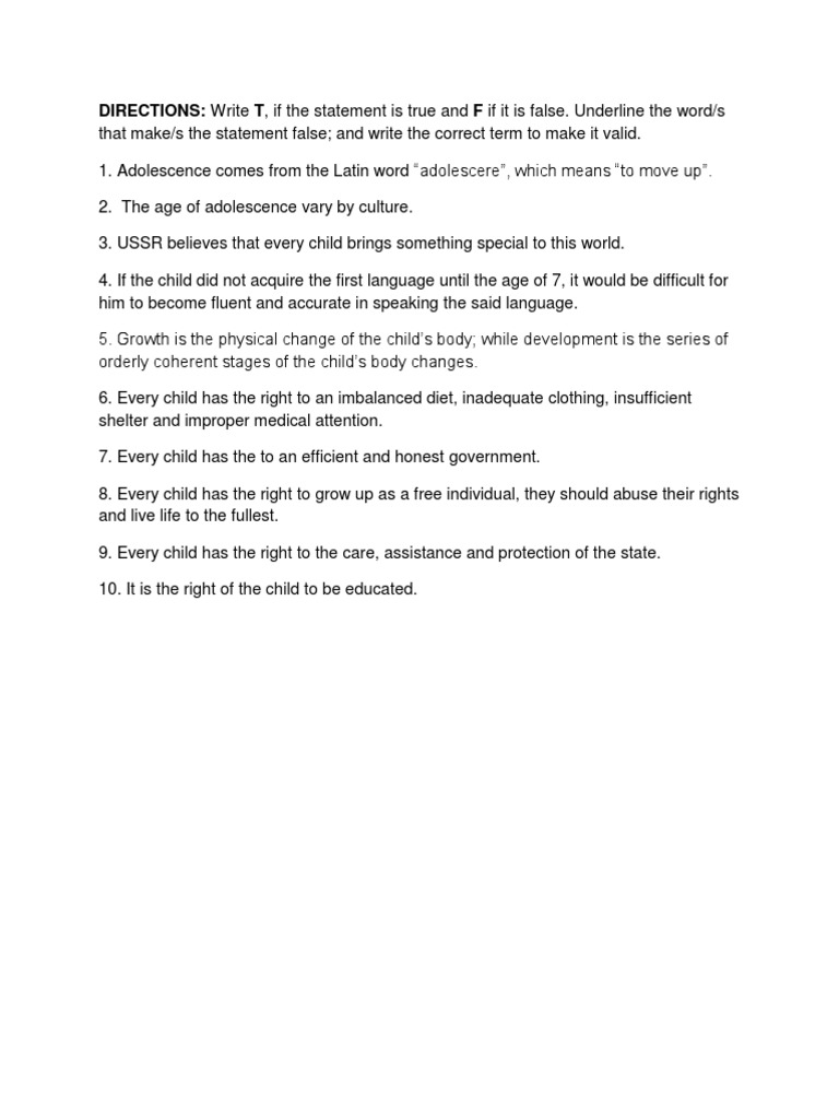 DIRECTIONS: Write T, If The Statement Is True and F If It Is False. Underline The Word/s | PDF