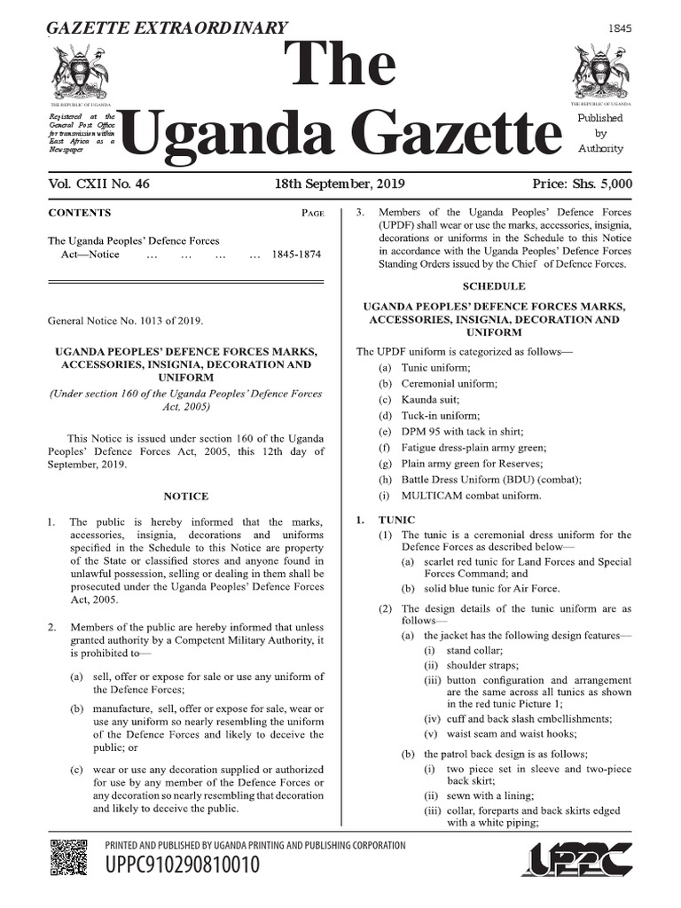 Updf Insignia and Uniforms in Uganda Gazette | PDF