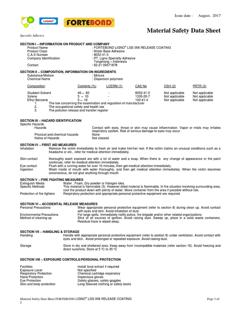 Material Safety Data Sheet: Specialty Adhesive | PDF | Toxicity ...