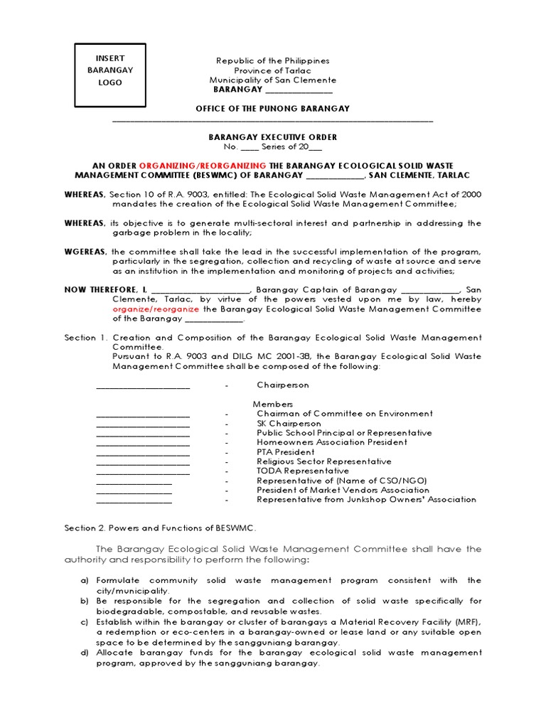 Barangay Ecological Solid Waste Management Committee | PDF | Waste ...