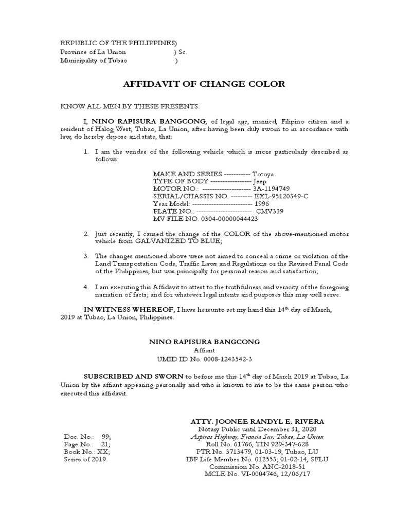 Affidavit of Vehicle Color Change | PDF | Affidavit | Social Institutions