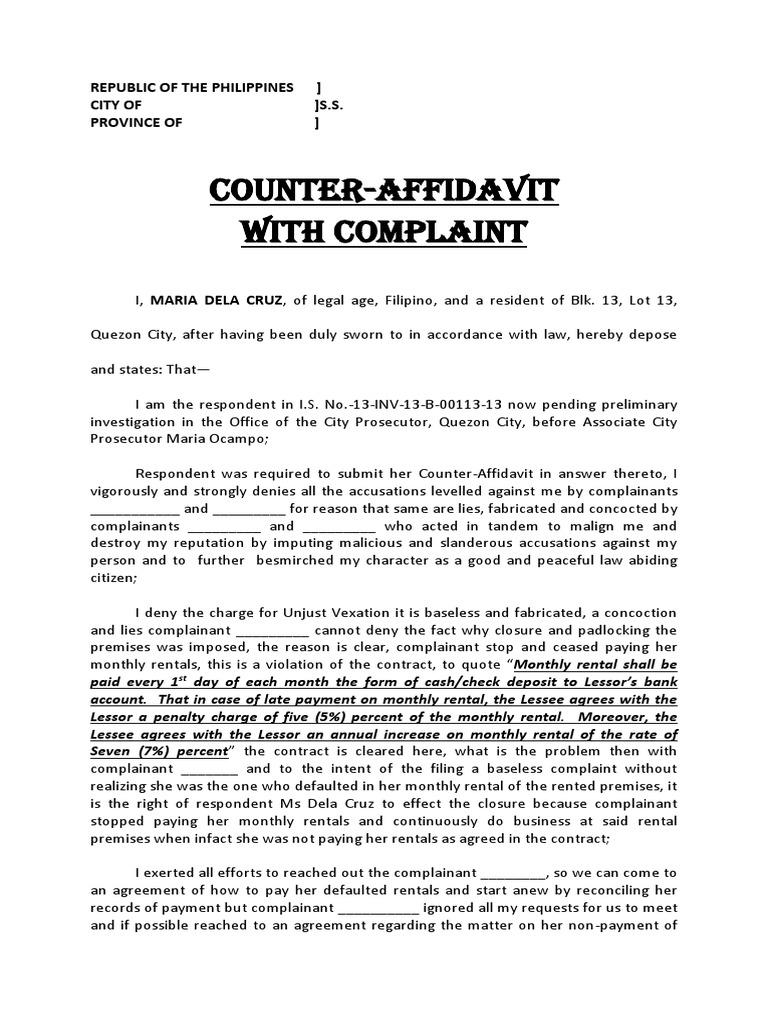 Counter Affidavit With Complaint-F | PDF | Lease | Justice