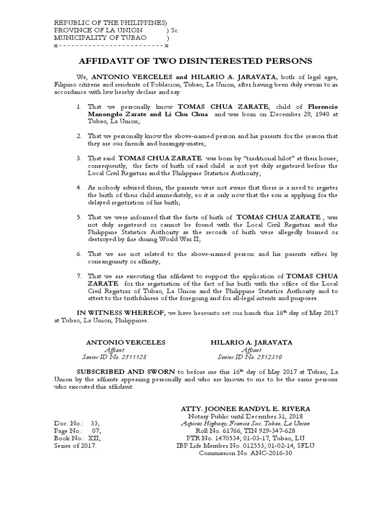 Affidavit of 2 Disinterested Persons - Late Registration Zarate | PDF ...