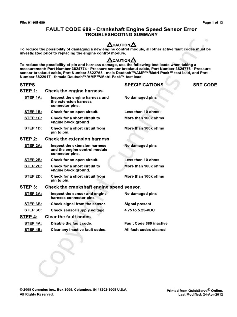 FAULT CODE 689 - Crankshaft Engine Speed Sensor Error | PDF