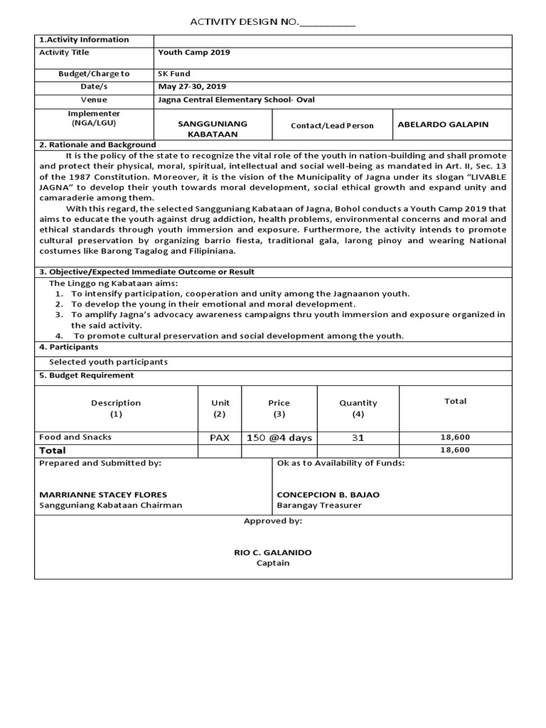ACTIVITY DESIGN NO. - : Sangguniang Kabataan Abelardo Galapin | PDF