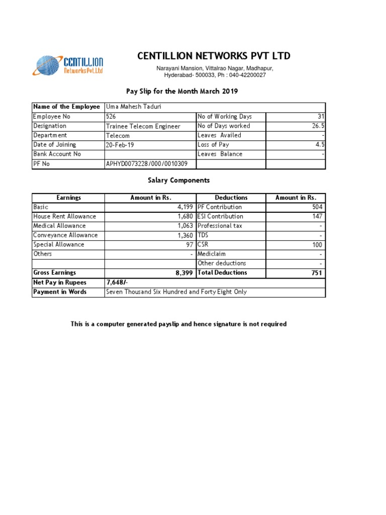 Centillion Networks PVT LTD: Pay Slip For The Month March 2019 | PDF