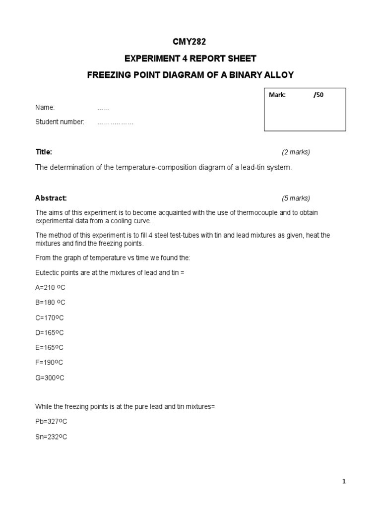 CMY282 Experiment 4 Report Sheet Freezing Point Diagram of A Binary ...