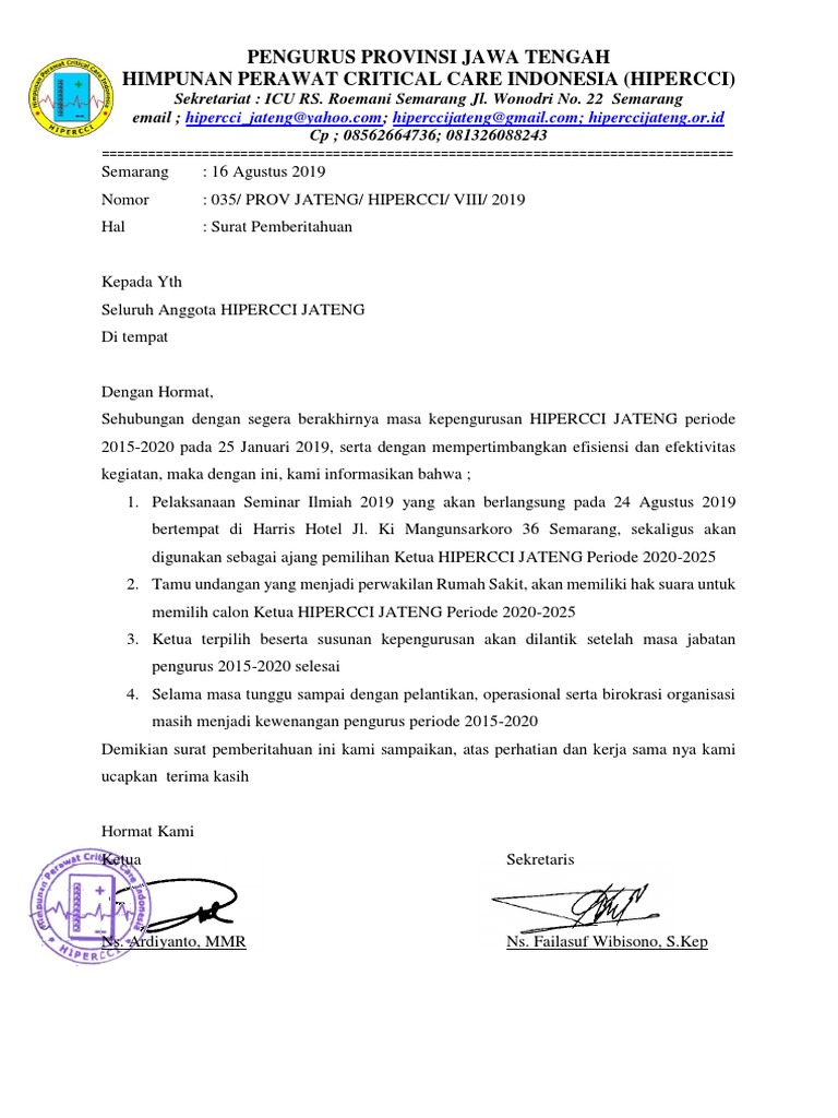 033 Pemberitahuan Pemilihan Ketua Hipercci Jateng 2020 PDF | PDF