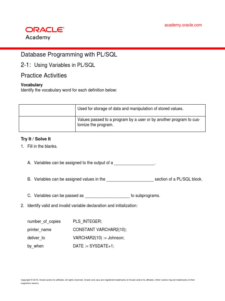 Database Programming With Pl Sql 2 1 Practice Activities Pdf