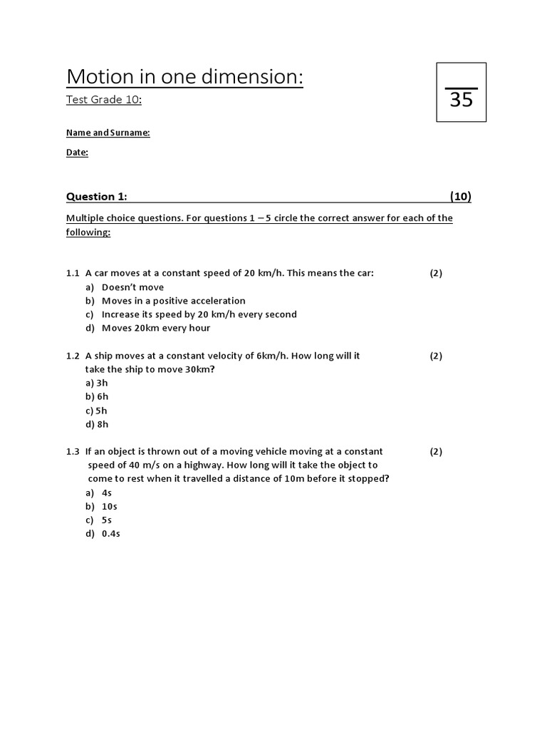 Grade 10 Motion in One Dimension Test | PDF | Speed | Velocity
