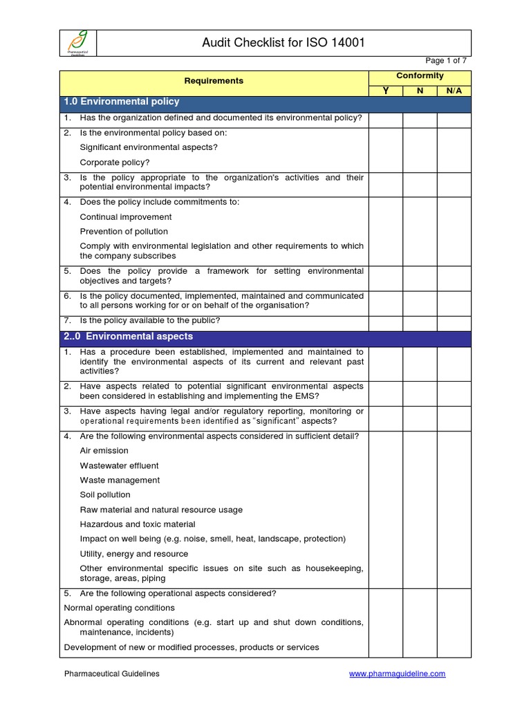 ISO 14001 Checklist | PDF | Regulatory Compliance | Audit