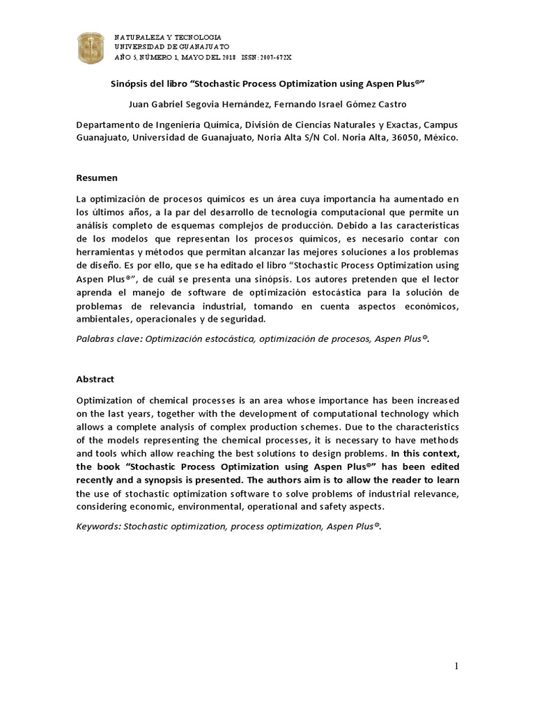 Sinopsis Stochastic Process Optimization Using Aspen Plus | PDF | Ingeniería Química | Enseñanza ...