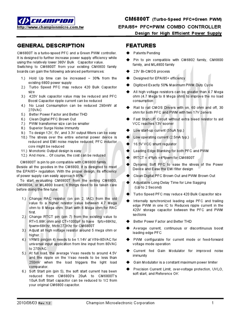 cm6800 Datasheet | PDF | Power Supply | Rectifier