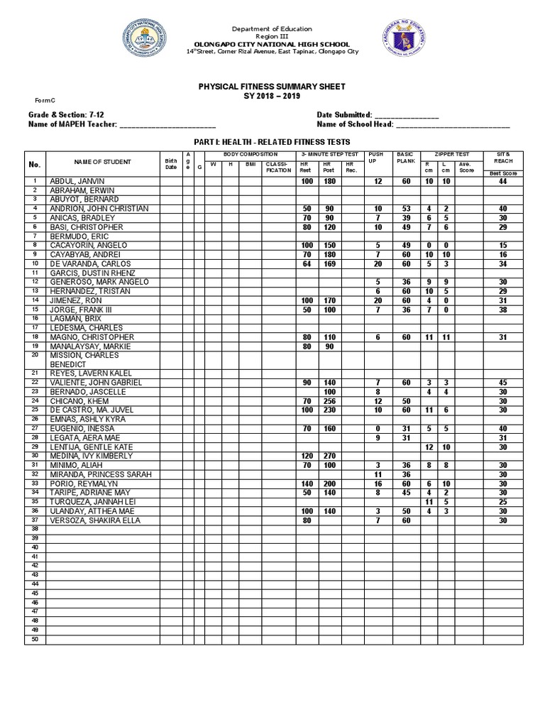 Physical Fitness Summary Sheet SY 2018 - 2019 | PDF