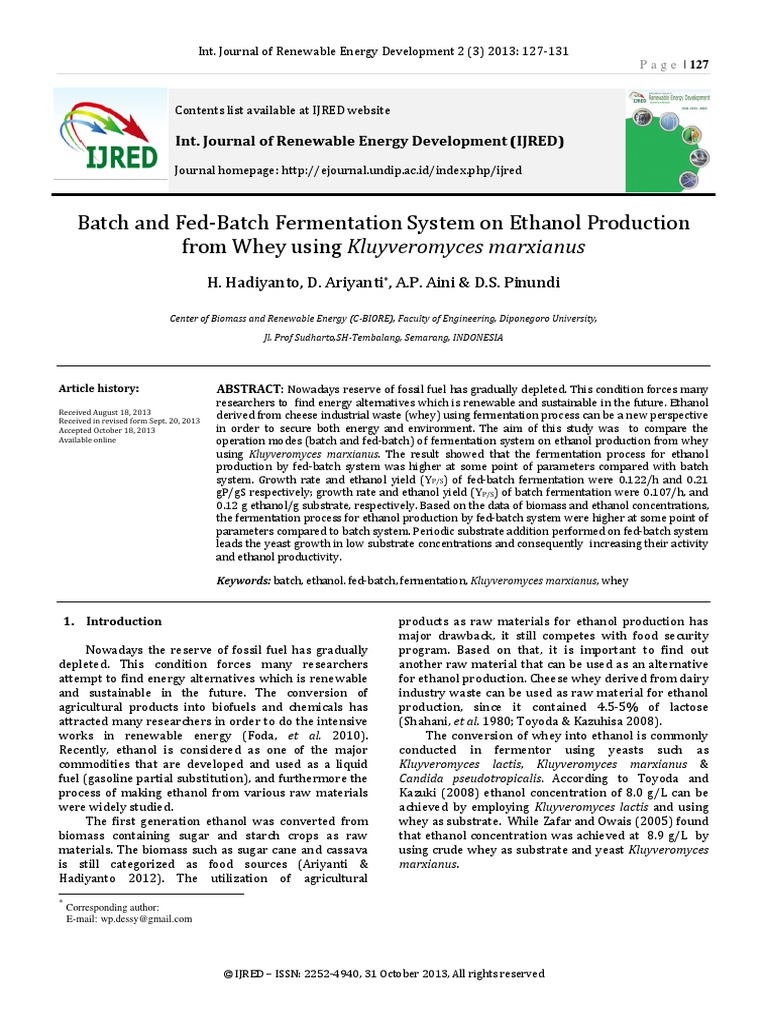 Batch And Fed Batch Fermentation System On Ethanol Pdf Pdf Fermentation Energy Development
