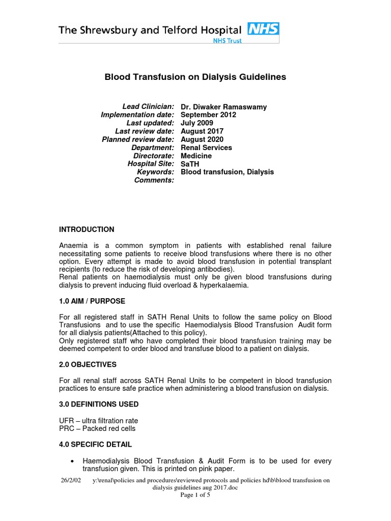 Blood Transfusion On Dialysis Guidelines Aug 2017 PDF | PDF | Blood ...