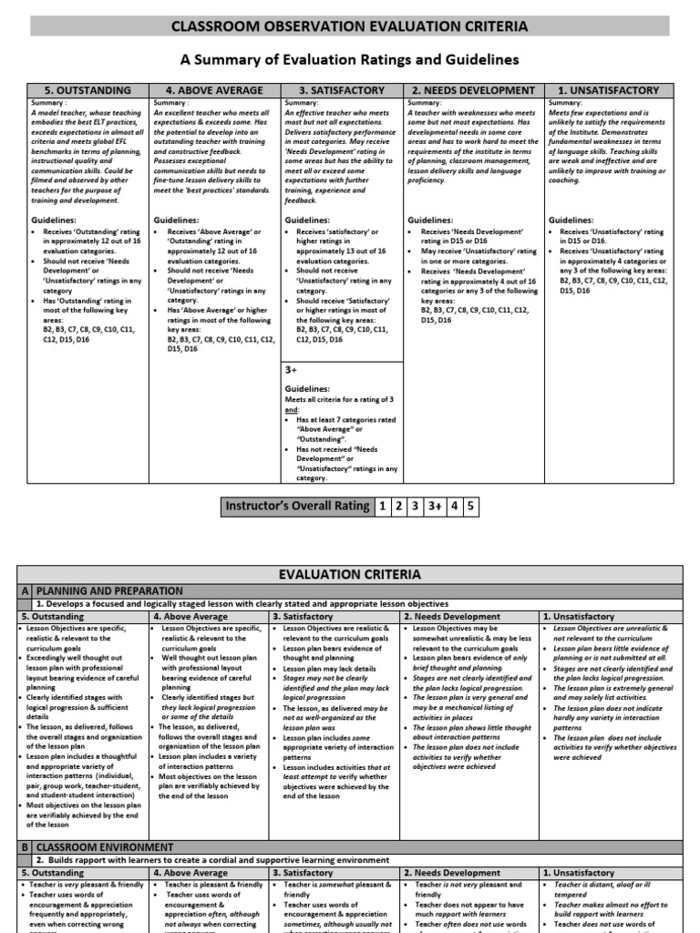 Classroom Observation Evaluation Criteri PDF | PDF | Fluency | Teachers