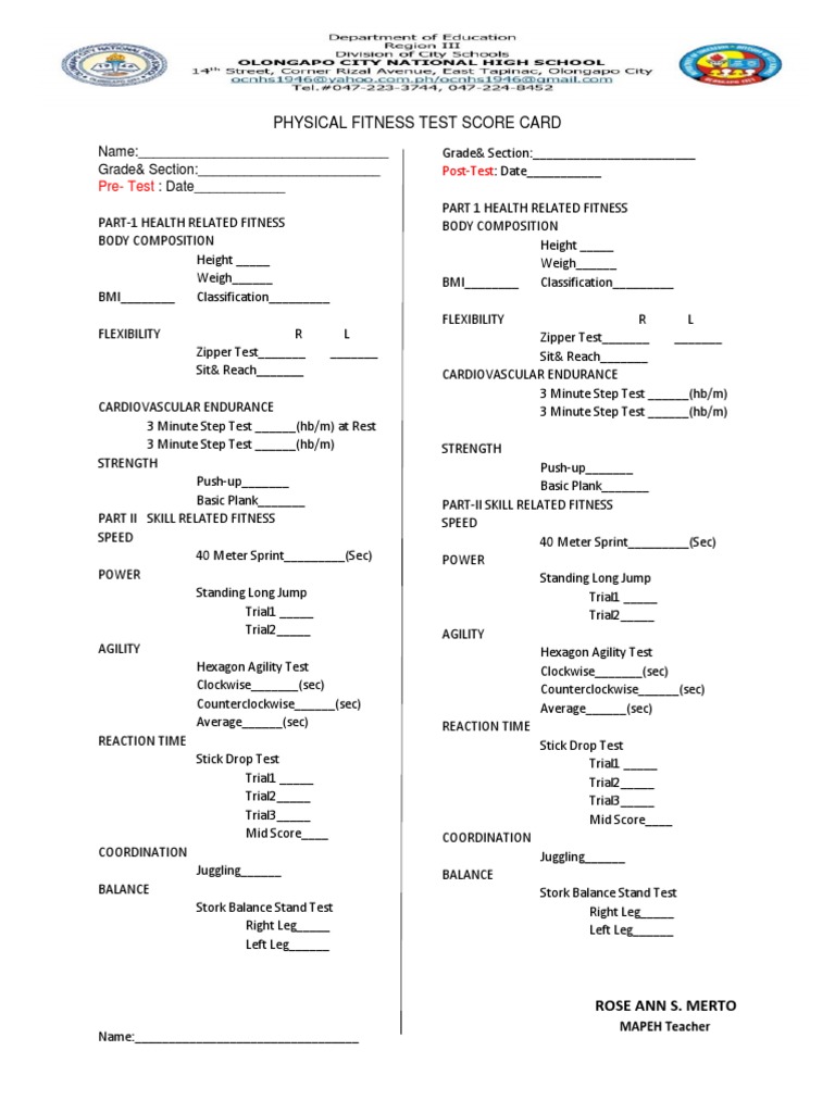 Physical Fitness Test Score Card | PDF | Hobbies | Sports