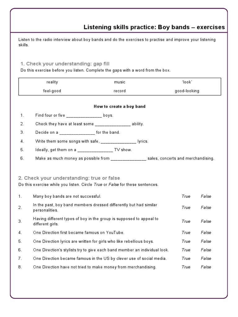 Listening Skills Practice: Boy Bands - Exercises: 1. Check Your ...