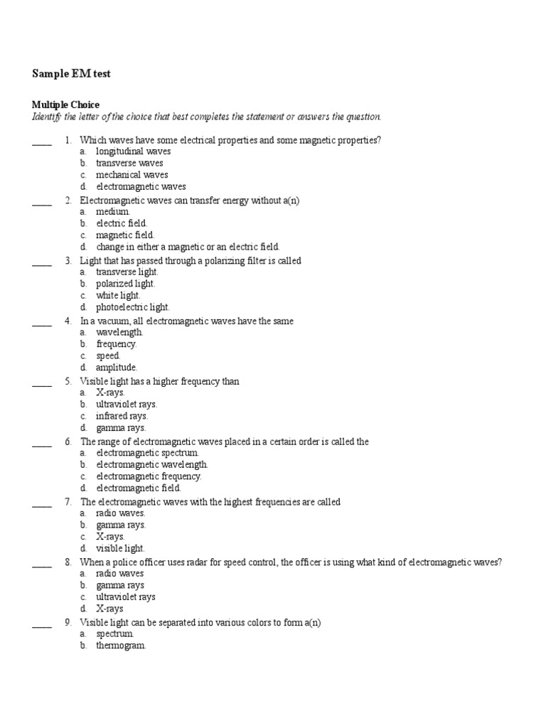 ch3 Sample Test - em | PDF | Light | Electromagnetic Spectrum