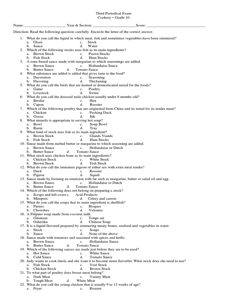 Cookery 3rd Quarter Exams 2 | PDF | Soup | Tomato Sauce