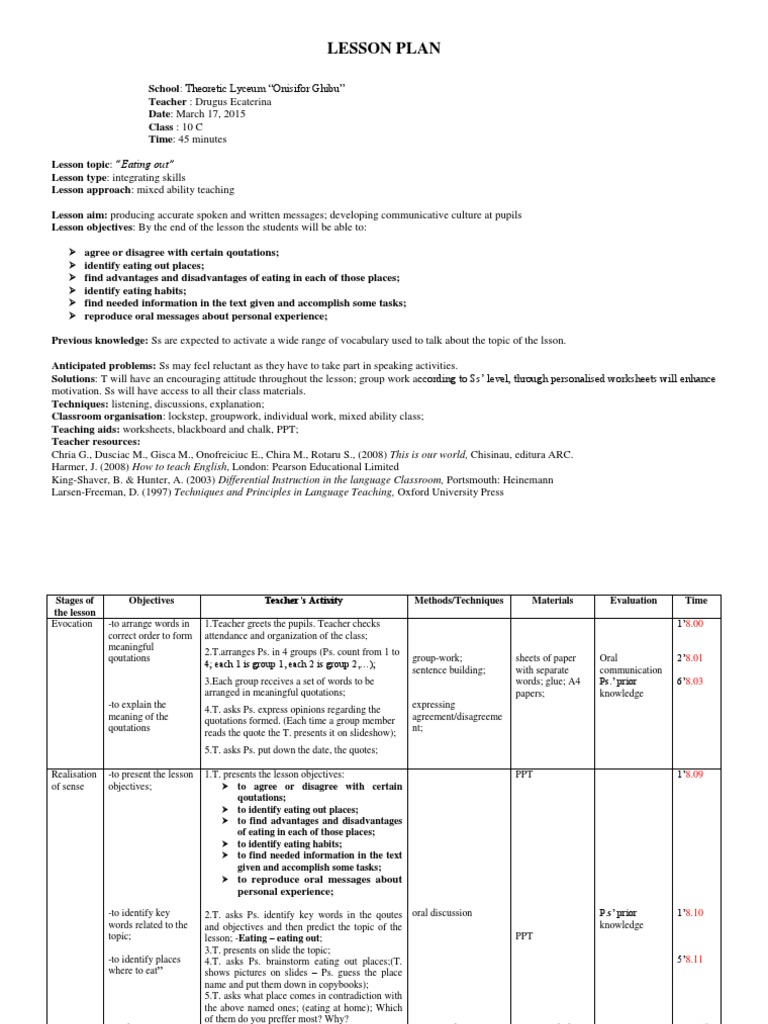 0 Eating Out Lesson Plan | PDF | Language Education | Teachers