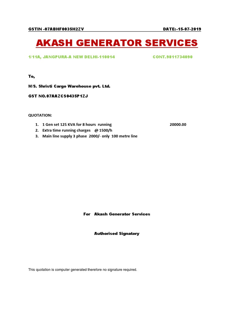 AKASH GENSET Quotation | PDF